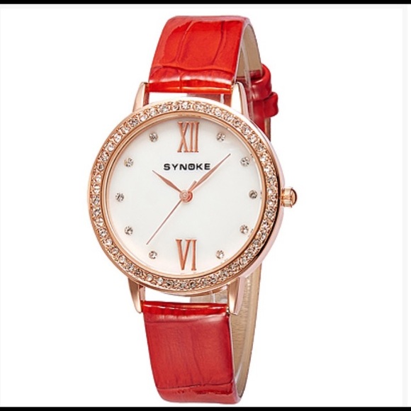 Accessories | Genuine Red Leather Crystal Watch | Poshmark